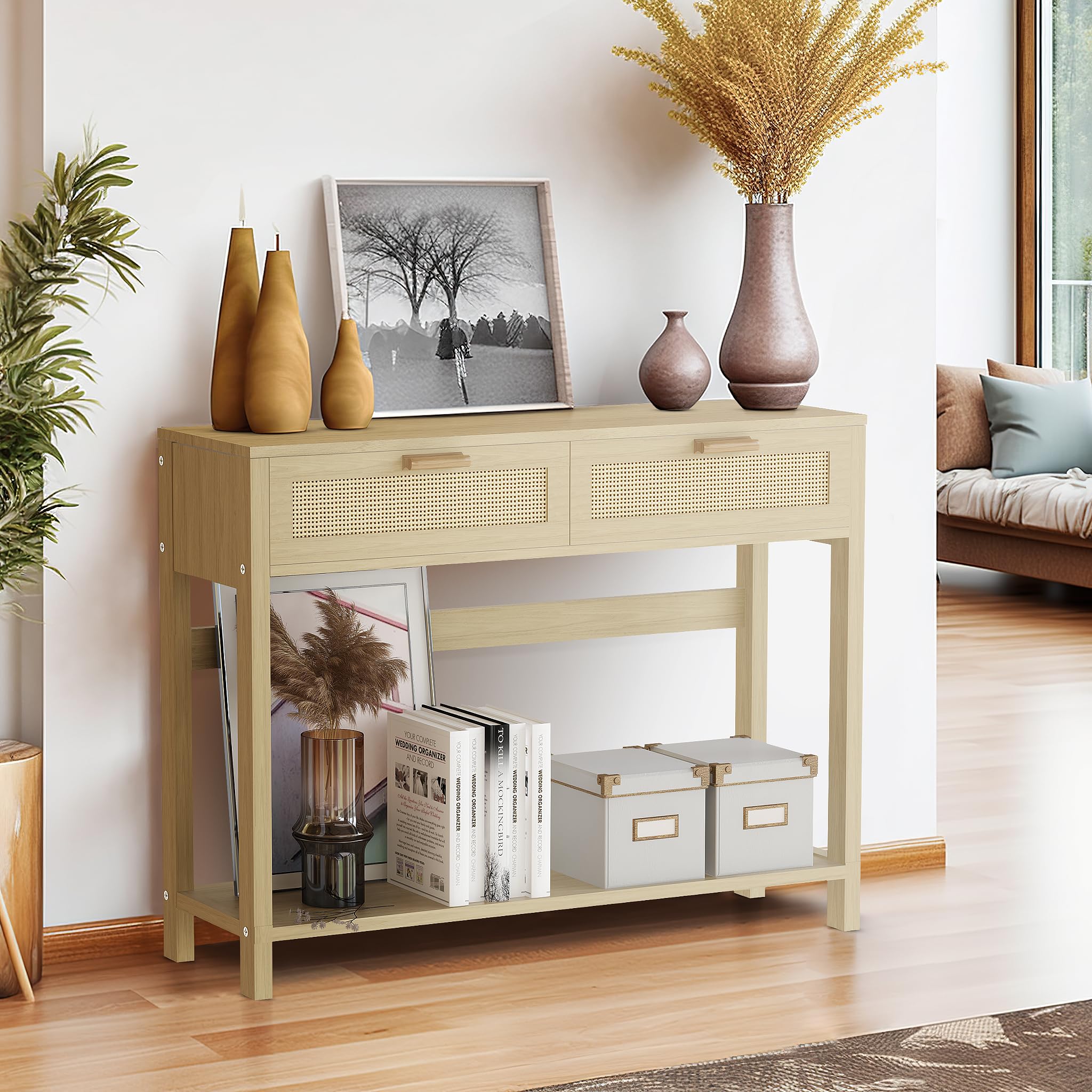 AWQM Rattan Console Table, Narrow Long Entryway Table with 2 Drawer, Modern Sofa Table with Open Shelf, Hallway Table for Living Room, Foyer, Bedroom, Oak
