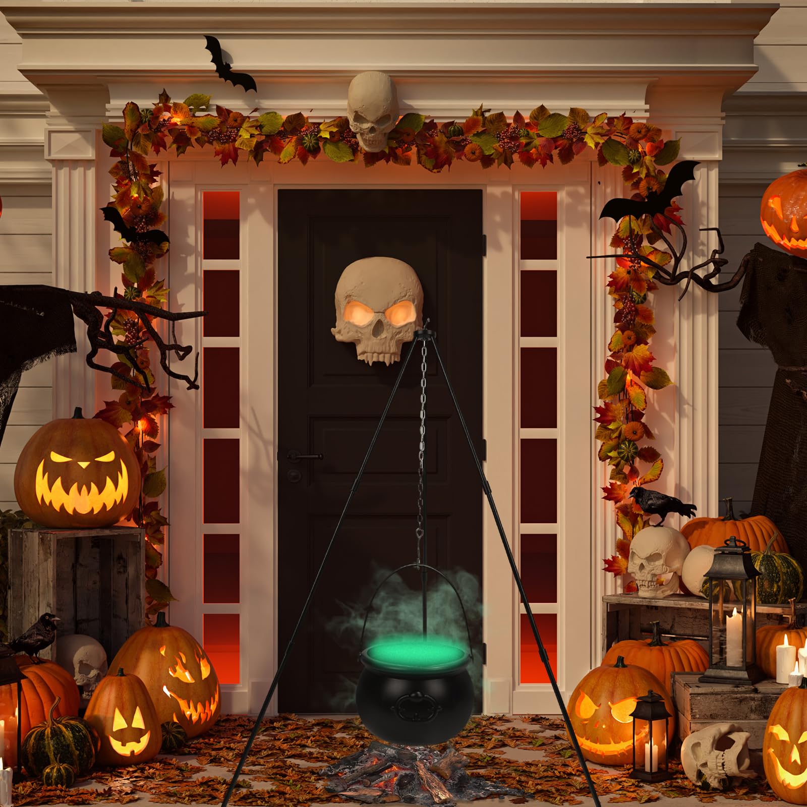 Halloween Witches Cauldron on Tripod, Halloween Cauldron with Green Lights, Halloween Outdoor Decor, Hocus Pocus Candy Bucket Decorations for Home Patio Garden Lawn Outside
