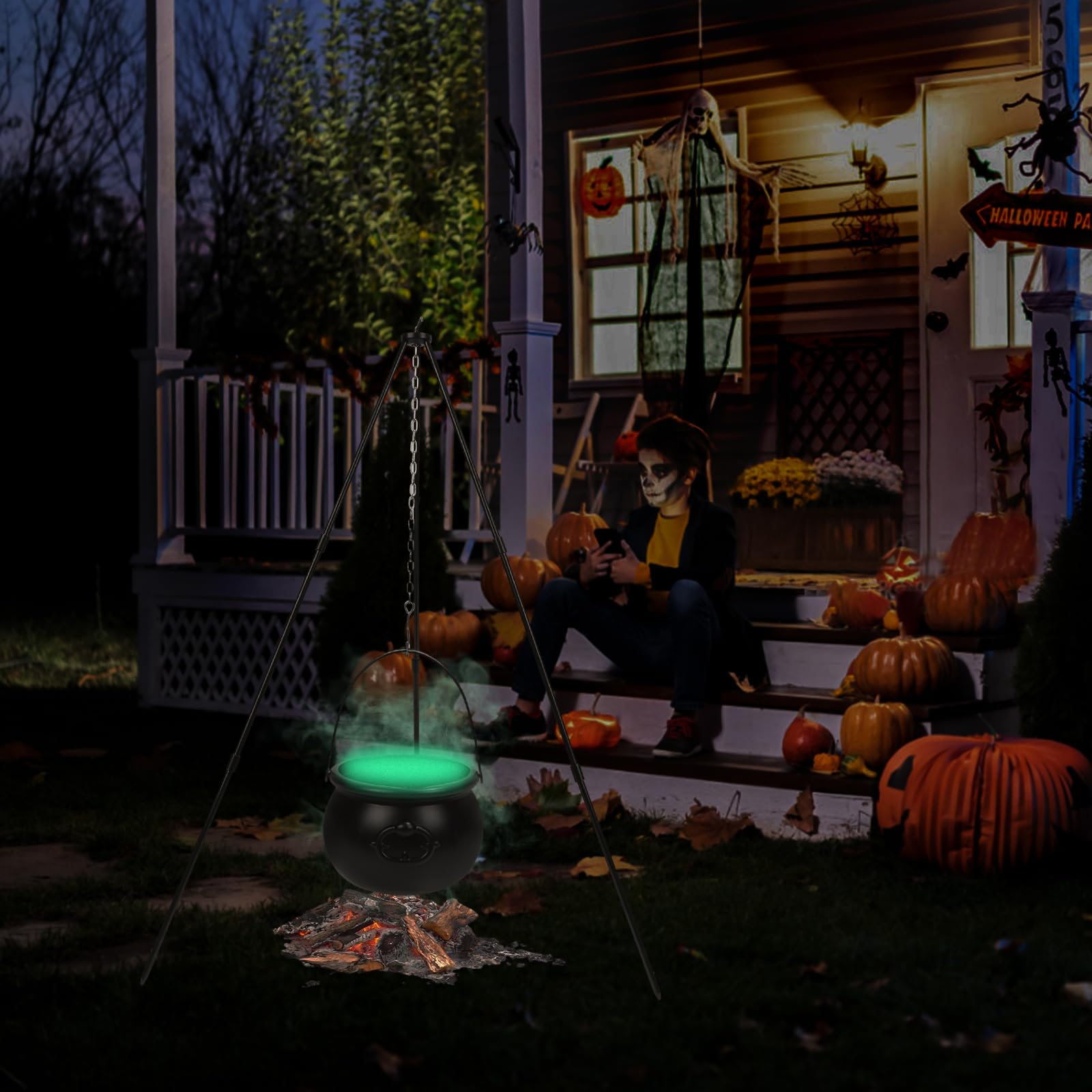 Halloween Witches Cauldron on Tripod, Halloween Cauldron with Green Lights, Halloween Outdoor Decor, Hocus Pocus Candy Bucket Decorations for Home Patio Garden Lawn Outside