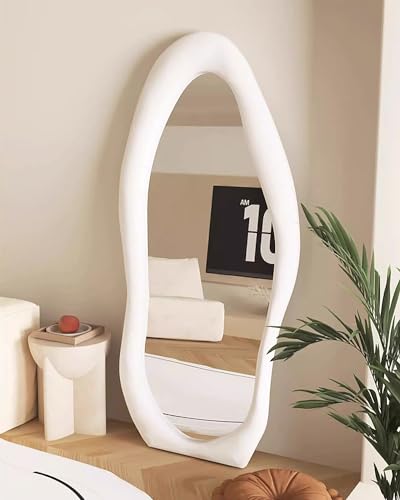 BEVERDY 63" x 24" Full Length Mirror with Stand, Wall Mounted or Floor Standing, Cloud Shape, Flannel Wrapped Wooden Frame, Irregular Full Body, White