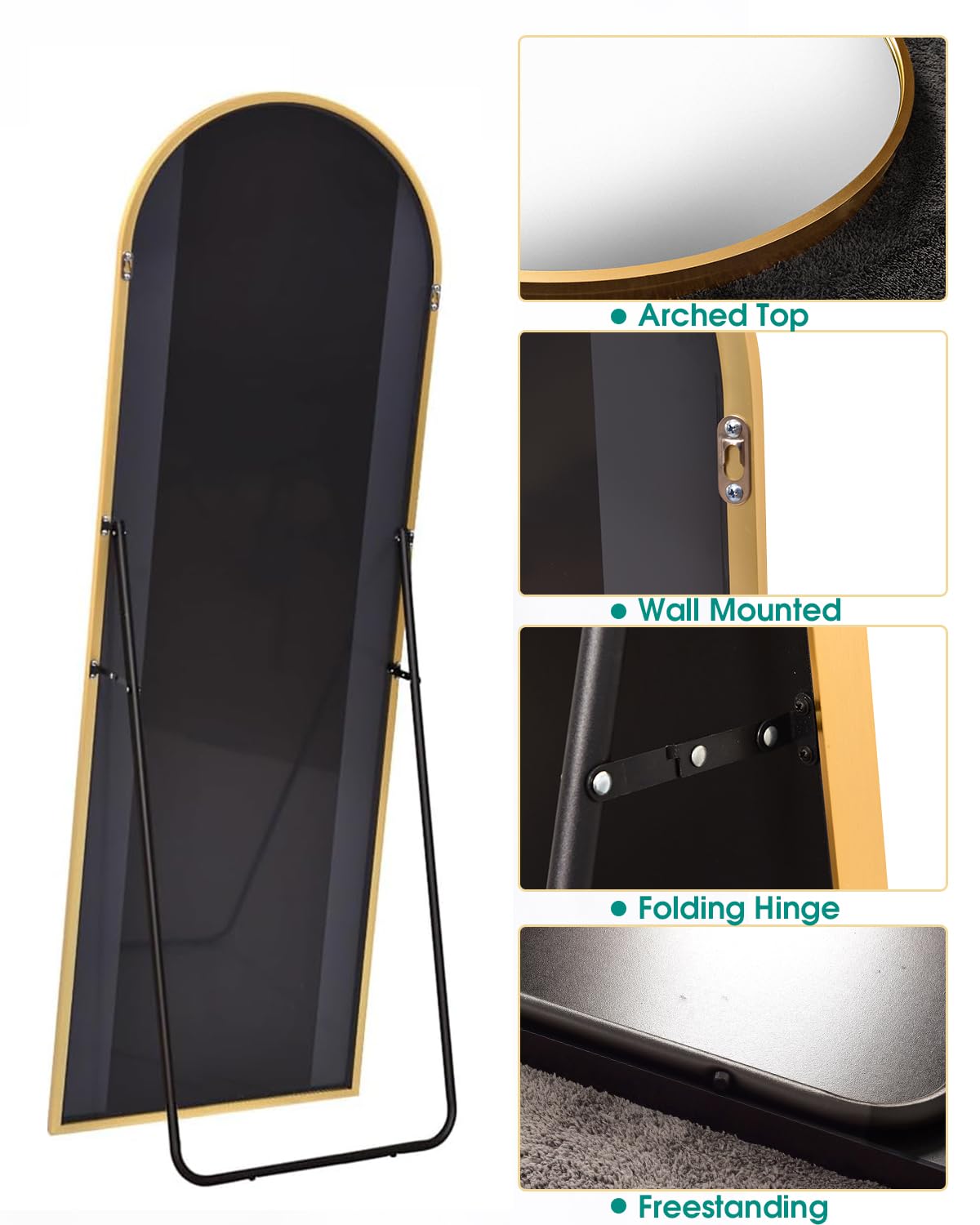 BEVERDY Arched Full Length Mirror - 18"58" Floor & Wall Mounted Mirror for Bedroom & Living Room, Gold