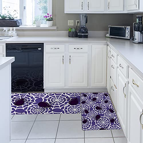 Halloween Horror Crawl Animal Spiders- Cobweb Anti-Fatigue Rugs and Mats Set for Kitchen Floor, 2 Piece PVC Heavy Duty Standing Area Runner Mat Purple White Home Decor Carpet