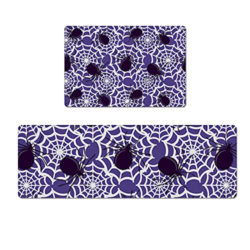 Halloween Horror Crawl Animal Spiders- Cobweb Anti-Fatigue Rugs and Mats Set for Kitchen Floor, 2 Piece PVC Heavy Duty Standing Area Runner Mat Purple White Home Decor Carpet
