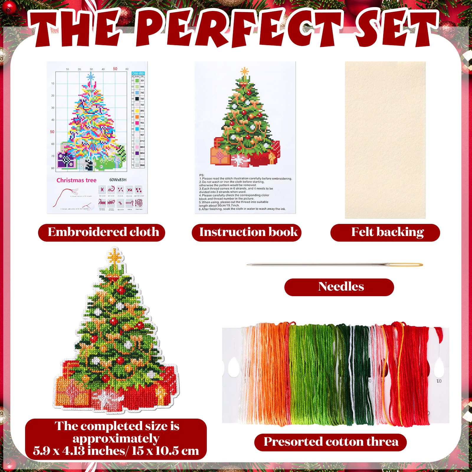 Riceshoot Christmas Cross Stitch Kit Counted Cross Stitch Christmas Tree Hanging Ornament Kit DIY Embroidery Gift for Women and Men, 5.9 x 4.13 Inches