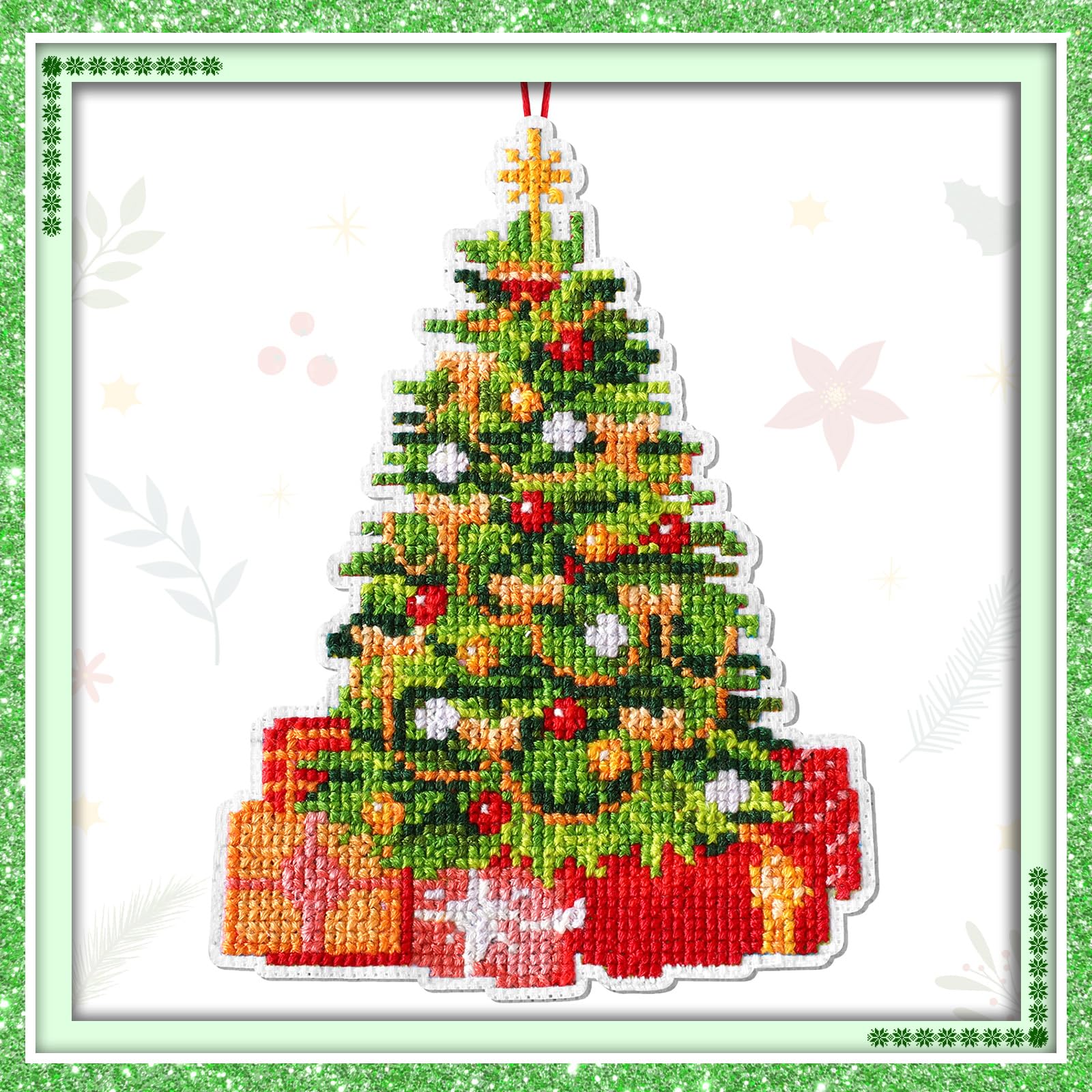 Riceshoot Christmas Cross Stitch Kit Counted Cross Stitch Christmas Tree Hanging Ornament Kit DIY Embroidery Gift for Women and Men, 5.9 x 4.13 Inches