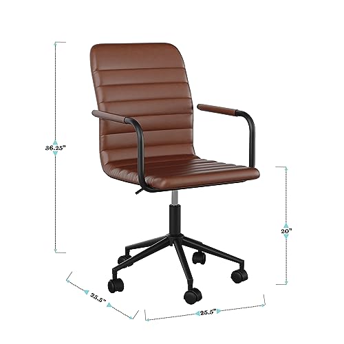 Martha Stewart Taytum Swivel Task Chair with Armrests for Home Office in Saddle Brown Faux Leather with Oil Rubbed Bronze Frame