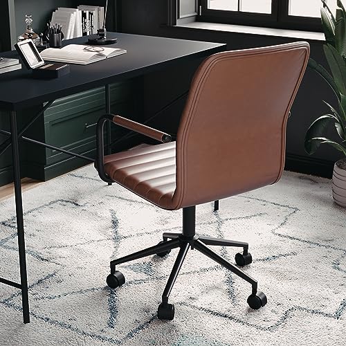 Martha Stewart Taytum Swivel Task Chair with Armrests for Home Office in Saddle Brown Faux Leather with Oil Rubbed Bronze Frame