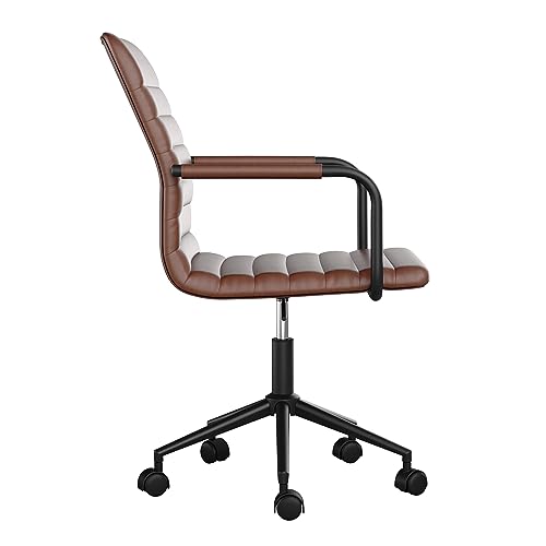 Martha Stewart Taytum Swivel Task Chair with Armrests for Home Office in Saddle Brown Faux Leather with Oil Rubbed Bronze Frame