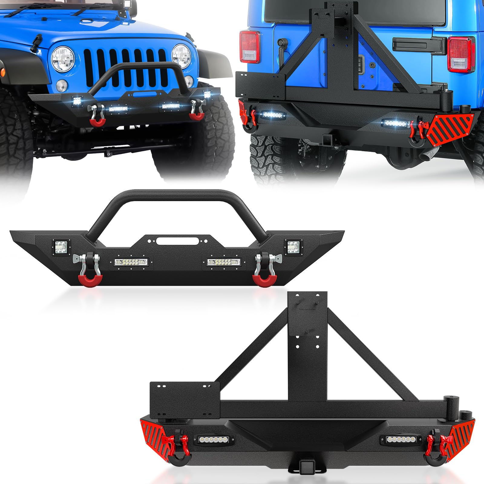 EYOUHZ Front & Rear Bumper with Spare Tire Carrier Compatible with 2007-2018 Jeep Wrangler JK JKU Unlimited w/Winch Plate, Paintable Armor, License Plate Bracket, Hitch Receiver, LED Lights & D-rings