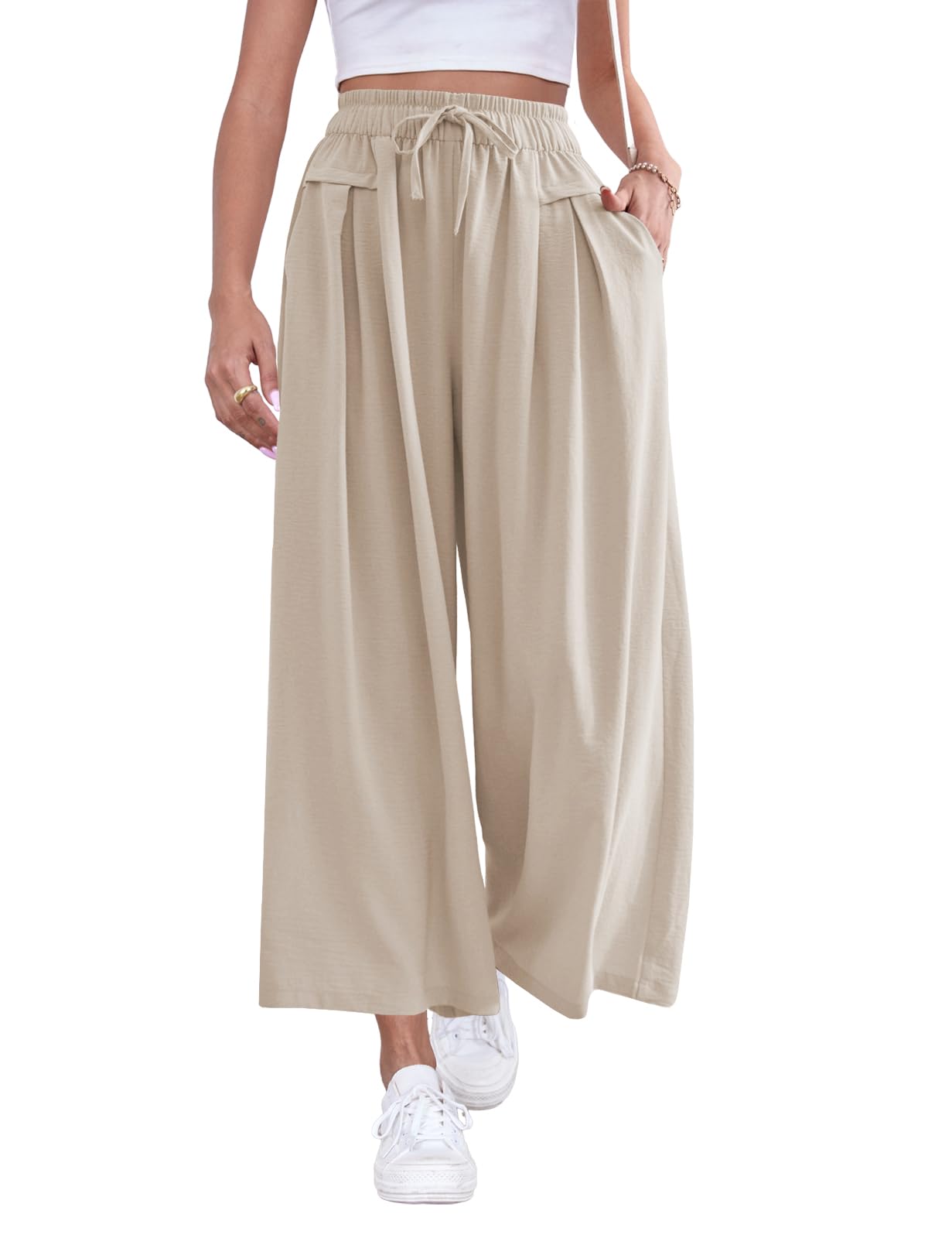 ZJCT Wide Leg Palazzo Pants for Women Summer Beach Pants Flowy Loose Casual Lounge Pajama Yoga Pants with Pockets Apricot L
