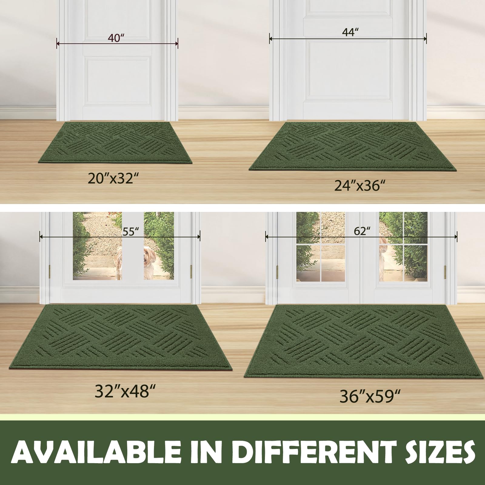 JEEDOVIA Door Mat Indoor Doormat,Front Back Door Mats Non Slip Entrance Rugs Rubber Backing,Inside Doormats for Entryway Low-Profile Absorbent Resist Dirt Floor Mats Washable Green,24"x36"