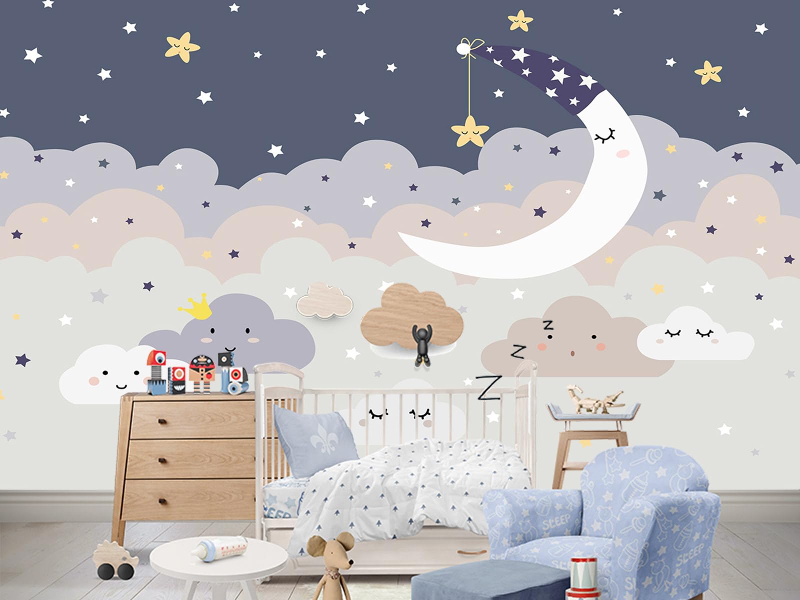 Dslbz Star Moon Nursery Children's Room Wall Mural Wallpaper for Bedroom 98" x 71"(W x H)