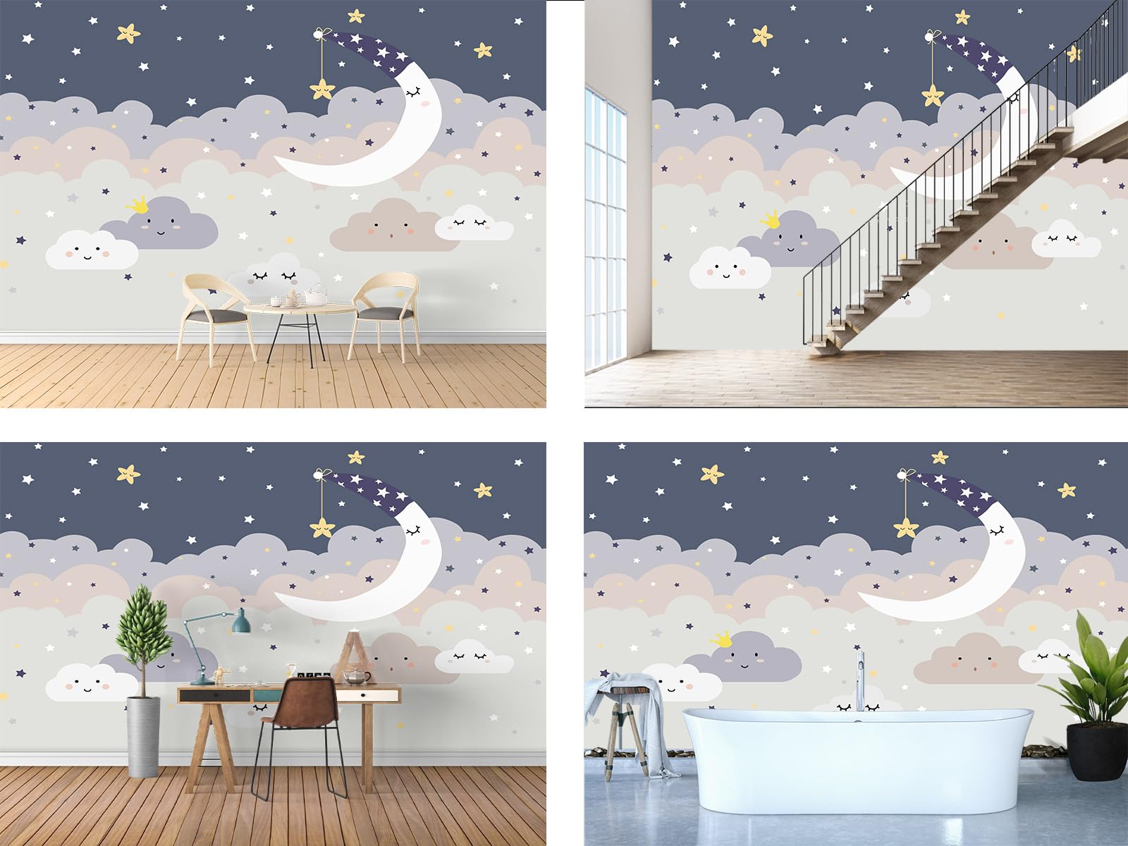 Dslbz Star Moon Nursery Children's Room Wall Mural Wallpaper for Bedroom 98" x 71"(W x H)