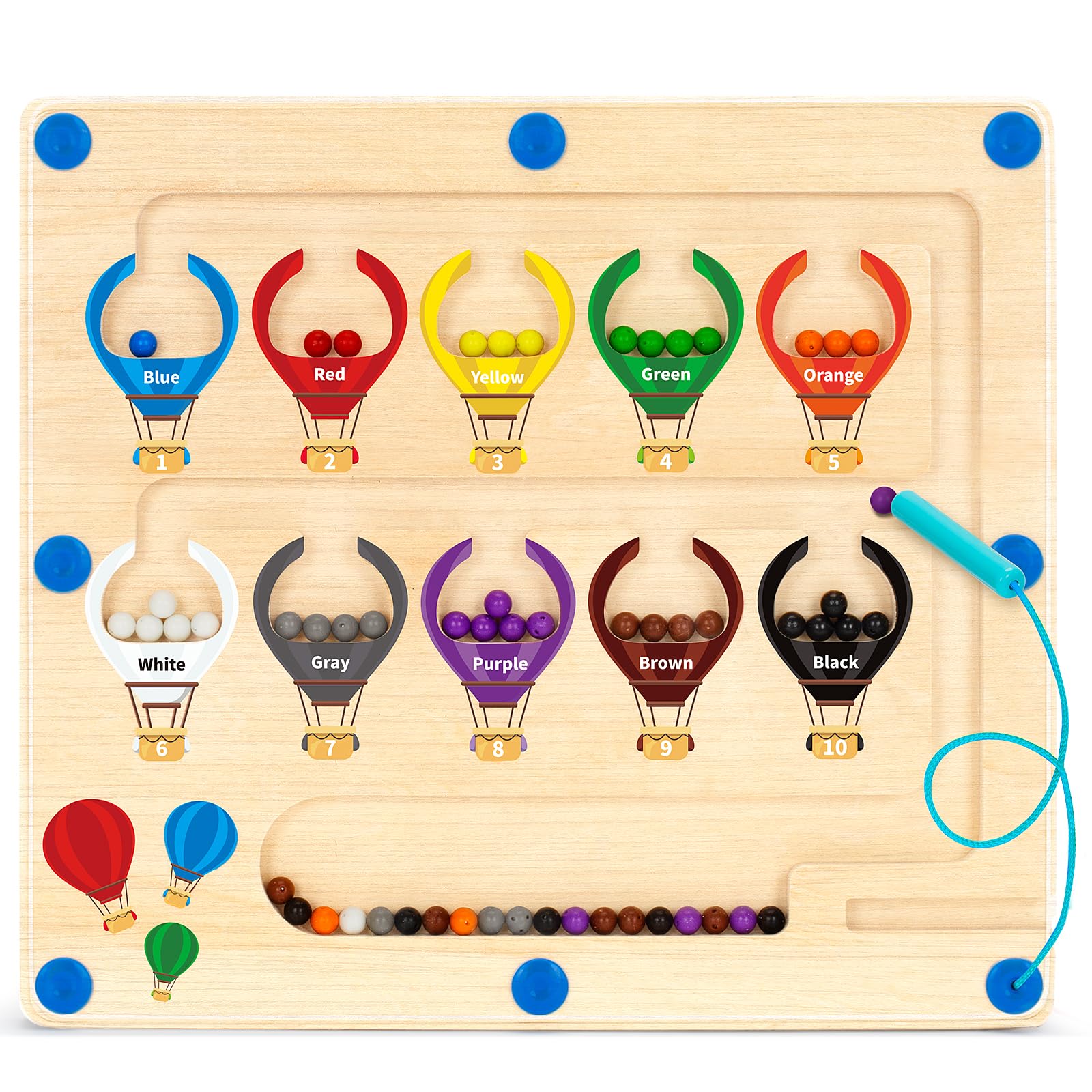 Magnetic Color and Number Maze, Wooden Montessori Toys for Kids. Counting Matching Magnet Puzzle Board for Toddler, Color Learning Gifts for Kids, Fine Motor Skills Toys for 3 4 5 Years Old（Balloon）