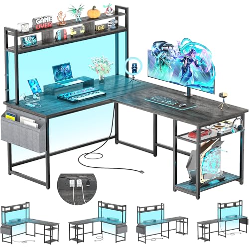 Besiost L Shaped Gaming Desk with Power Outlets, 59" Reversible L Shaped LED Computer Desk with Monitor Stand & Storage Shelf, Corner Gamer Desk Home Office Desk with Storage Bag, Black Oak