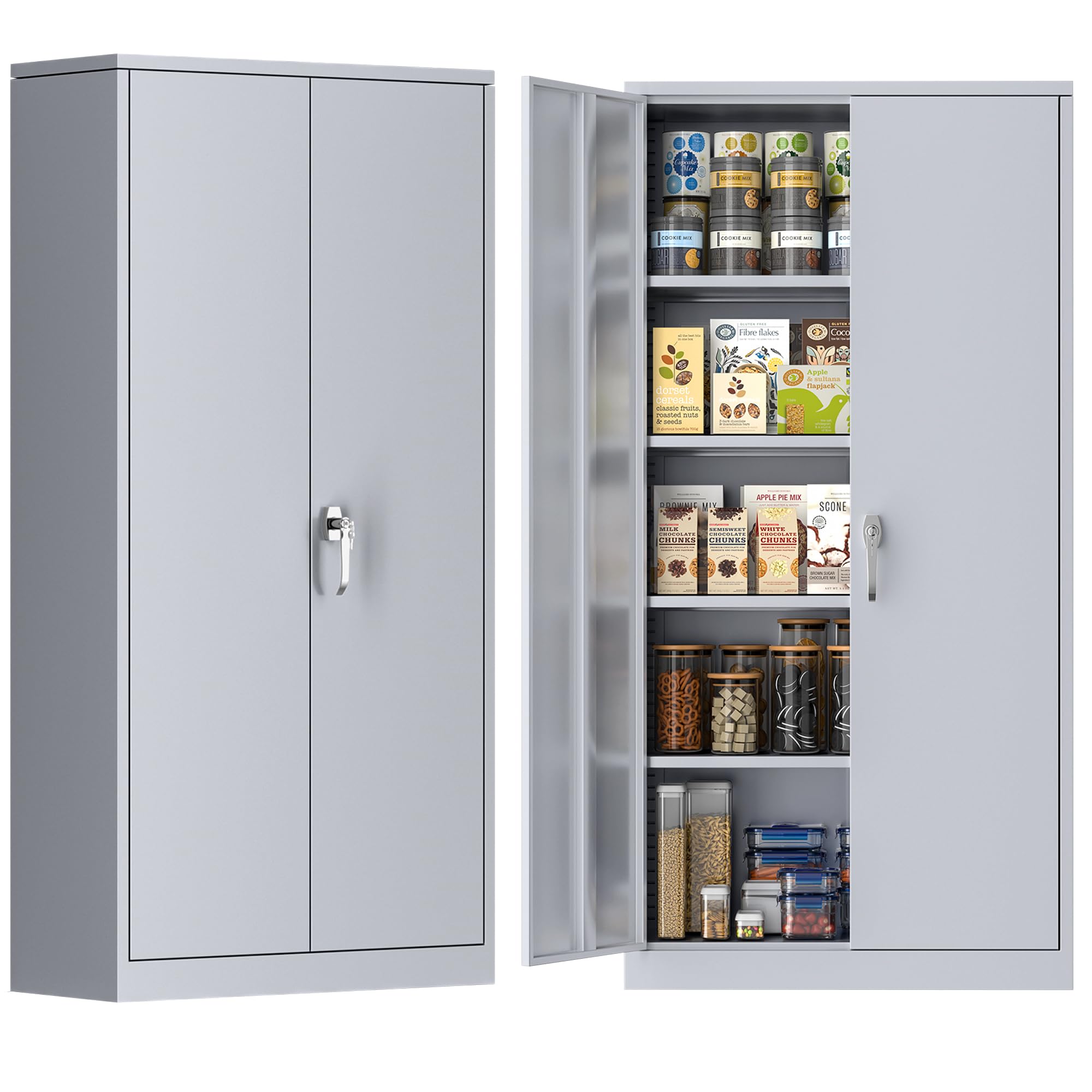 Superday 71" Lockable Steel Storage Cabinet, Locking Metal Storage Cabinets, Grey Metal Cabinet with 2 Doors and 4 Adjustable Shelves for Garage, Home Office, Classroom, File, Easy Assemble