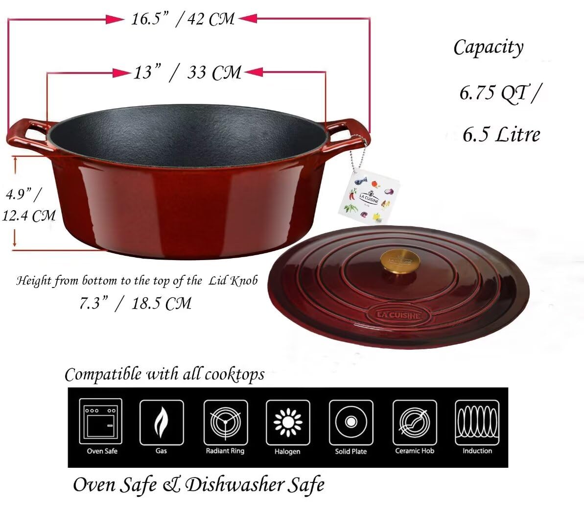 La Cuisine Enameled Cast Iron Oval Dutch Oven Casserole Dish Pot with Lid 6.75 QT Internal Matte Black Enamel Coating for bread baking, Gold-Plated Stainless Steel Lid Handle, Oven Safe up to 500° F. Cranberry