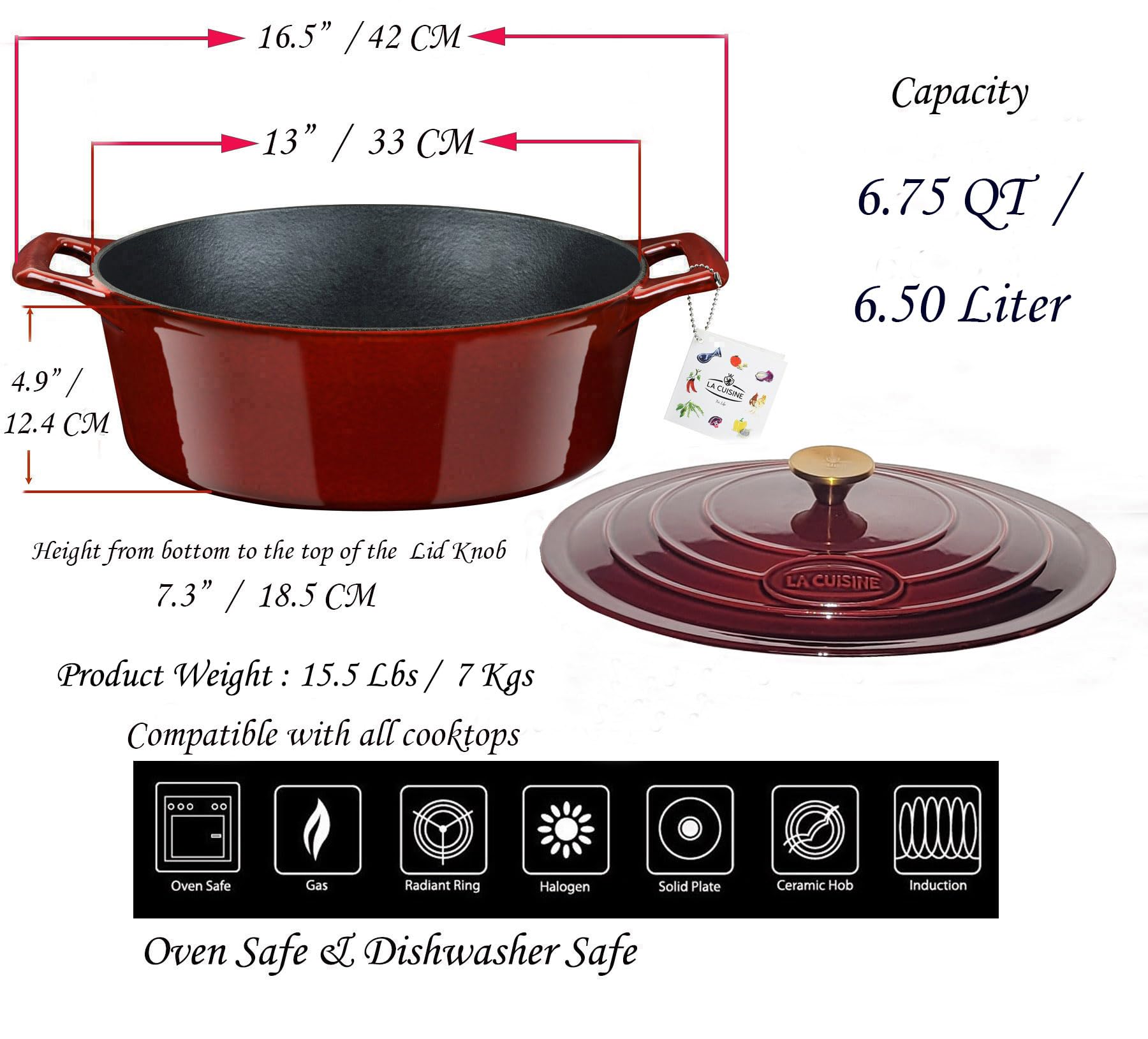 La Cuisine Enameled Cast Iron Oval Dutch Oven Casserole Dish Pot with Lid 6.75 QT Internal Matte Black Enamel Coating for bread baking, Gold-Plated Stainless Steel Lid Handle, Oven Safe up to 500° F. Cranberry