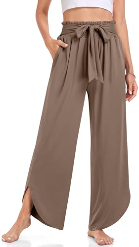TARSE Women Tie Knot Ruffle High Waisted Yoga Pants Wide Leg Soft Sweatpants Palazzo Lounge Loose Dance Pajama Pants with Pockets Light Coffee XL