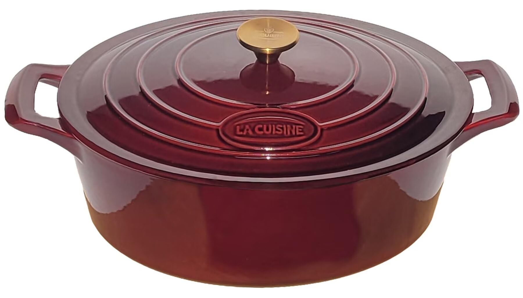 La Cuisine Enameled Cast Iron Oval Dutch Oven Casserole Dish Pot with Lid 6.75 QT Internal Matte Black Enamel Coating for bread baking, Gold-Plated Stainless Steel Lid Handle, Oven Safe up to 500° F. Cranberry
