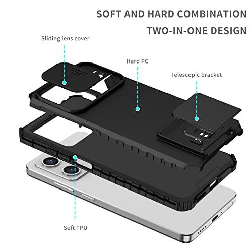 YOUULAR Case Compatible with Xiaomi Redmi Note 12 Pro 5G/Xiaomi Poco X5 Pro 5G Dimensional Bracket Sliding Window Mobile Phone Case Shockproof Protective Phone Cover Poco X5 Pro Military Cases Black