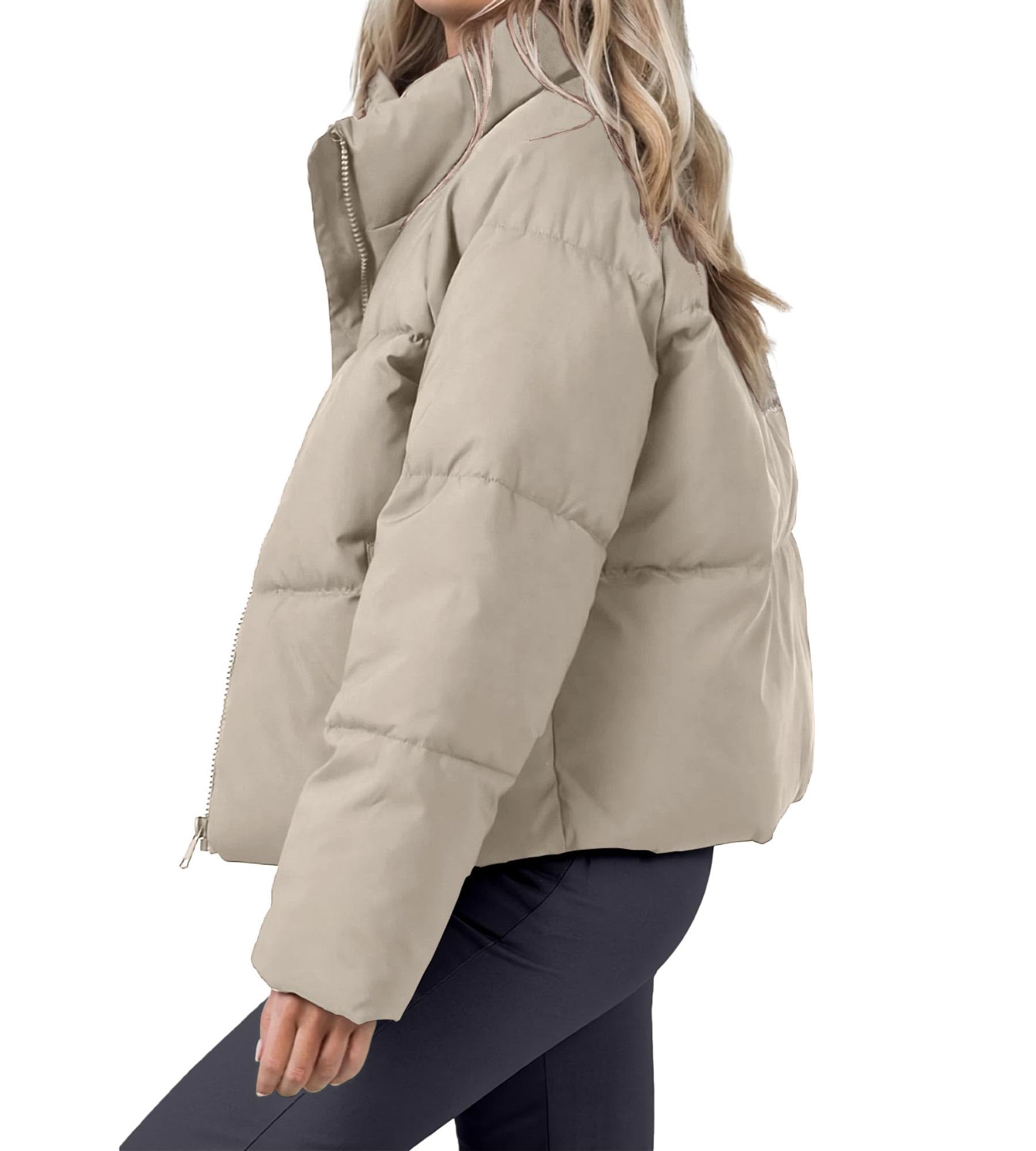 URMOSS Women's 2024 Winter Cropped Puffer Jacket Long Sleeve Stand Collar Oversize Lightweight Zip Up Short Down Coat with Pockets(Khaki,M)