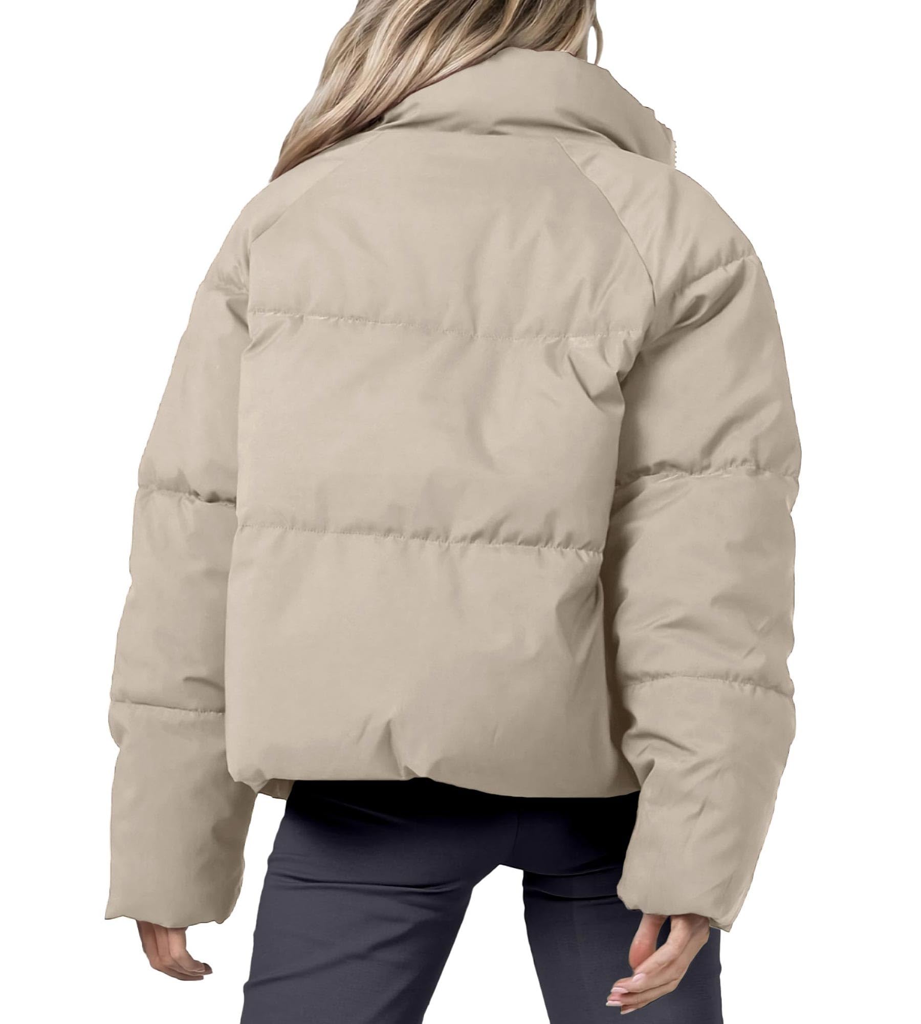 URMOSS Women's 2024 Winter Cropped Puffer Jacket Long Sleeve Stand Collar Oversize Lightweight Zip Up Short Down Coat with Pockets(Khaki,M)