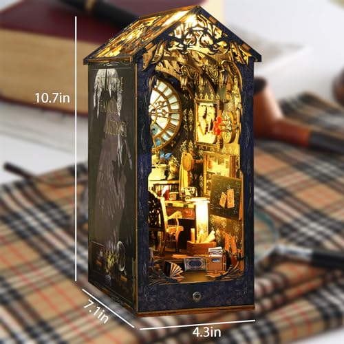 DIY Book Nook Kit, FOTEEMO DIY Miniature Dollhouse Detective Book Nook Building with LED Light Creative Bookend Model Kit DIY 3D Insert Wooden Puzzles Bookshelf for Teens Adults