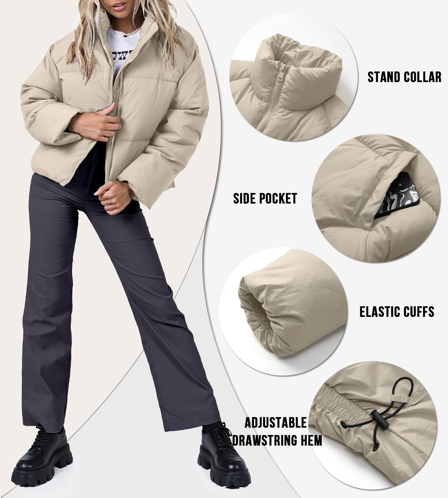 URMOSS Women's 2024 Winter Cropped Puffer Jacket Long Sleeve Stand Collar Oversize Lightweight Zip Up Short Down Coat with Pockets(Khaki,M)