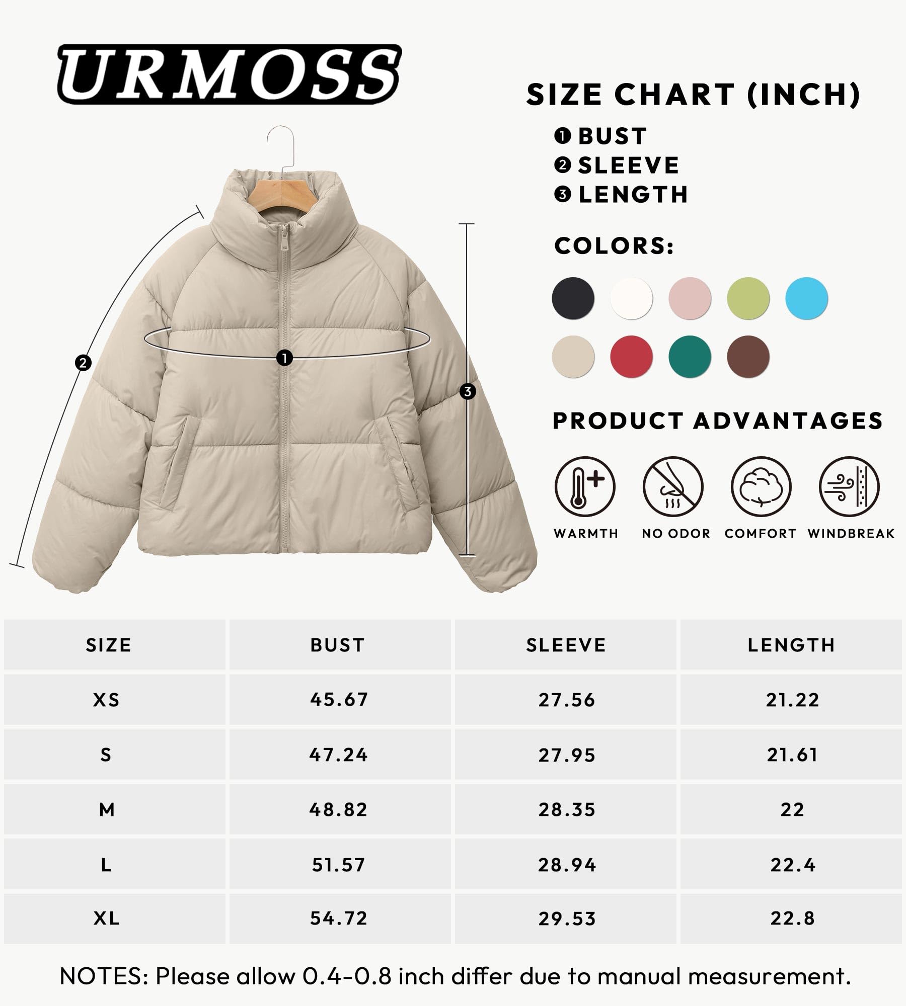 URMOSS Women's 2024 Winter Cropped Puffer Jacket Long Sleeve Stand Collar Oversize Lightweight Zip Up Short Down Coat with Pockets(Khaki,M)