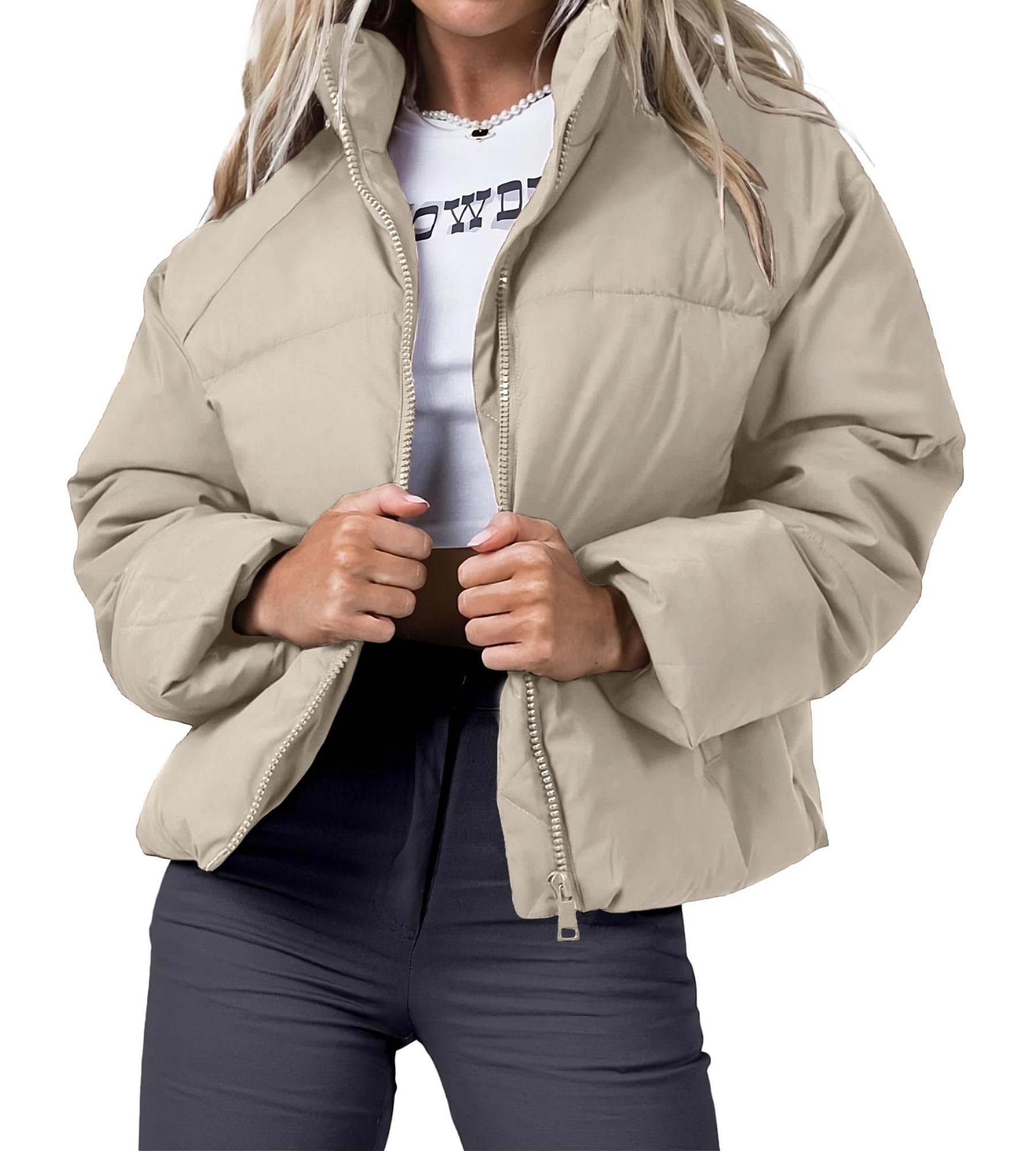 URMOSS Women's 2024 Winter Cropped Puffer Jacket Long Sleeve Stand Collar Oversize Lightweight Zip Up Short Down Coat with Pockets(Khaki,M)