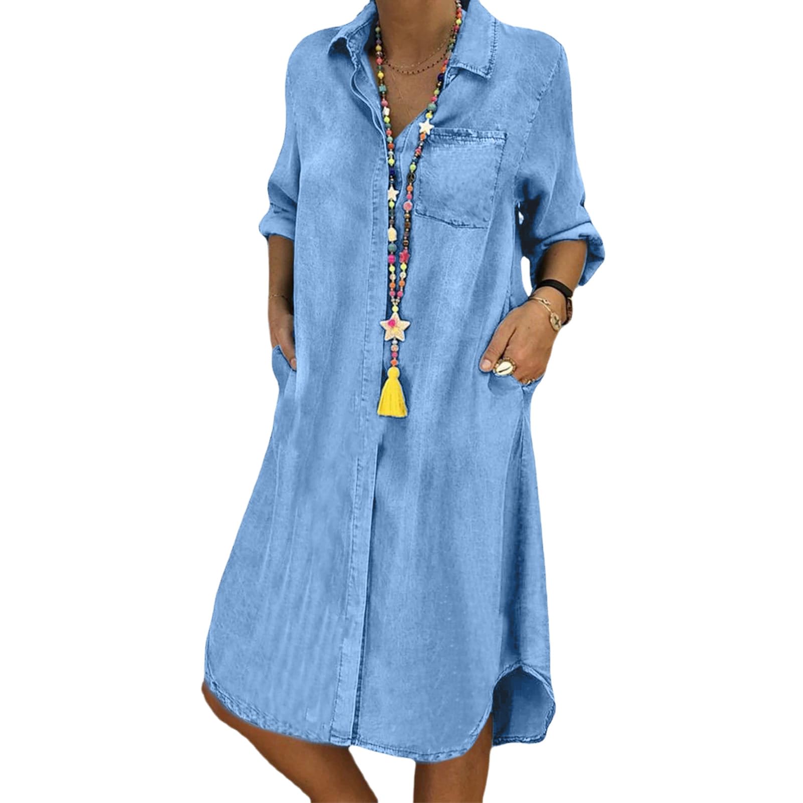 JUXINPIJU Denim Dress for Women with Pockets Short Sleeve Loose Babydoll Denim Shirt Dresses for Women
