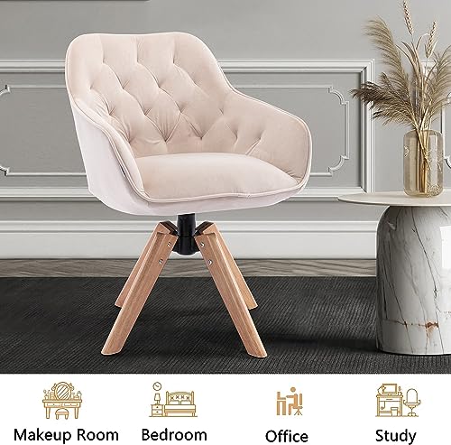 Gnrolaz Swivel Desk Chairs No Wheels,Cute Vanity Chair with Tufted Shell Back & Wood Legs,Comfortable Home Office Desk Chairs/Rolling Chair/Task Chair/Computer Chairfor Living Room,Bedroom,Makeup Room