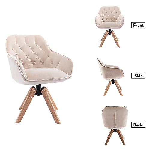 Gnrolaz Swivel Desk Chairs No Wheels,Cute Vanity Chair with Tufted Shell Back & Wood Legs,Comfortable Home Office Desk Chairs/Rolling Chair/Task Chair/Computer Chairfor Living Room,Bedroom,Makeup Room