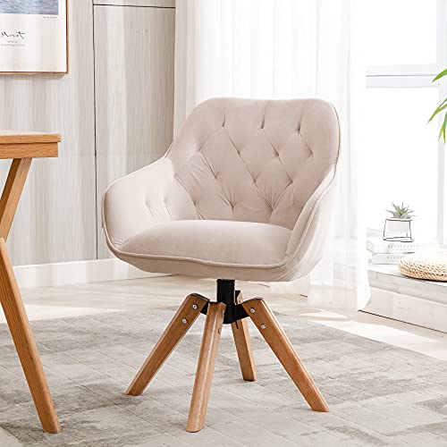 Gnrolaz Swivel Desk Chairs No Wheels,Cute Vanity Chair with Tufted Shell Back & Wood Legs,Comfortable Home Office Desk Chairs/Rolling Chair/Task Chair/Computer Chairfor Living Room,Bedroom,Makeup Room