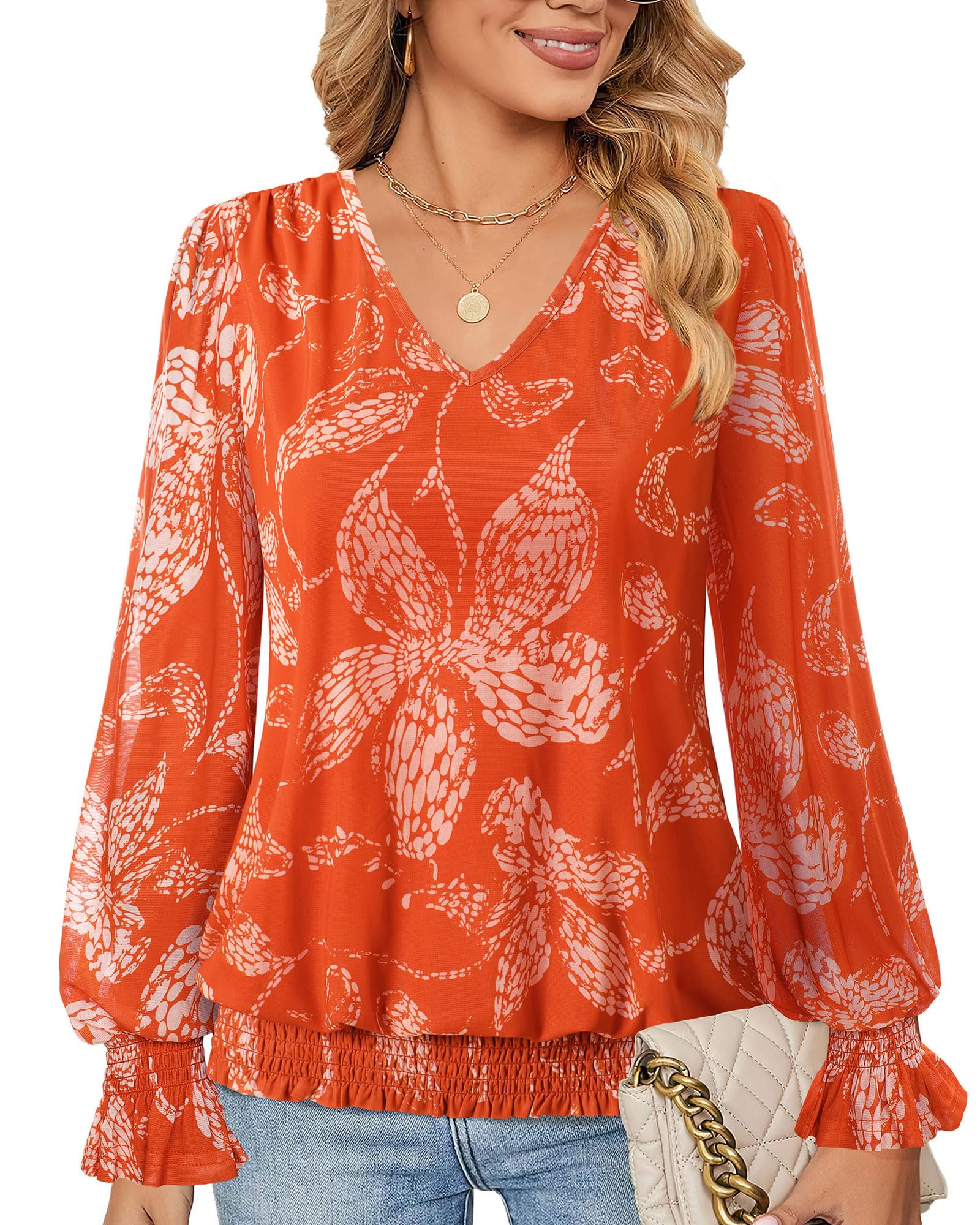 Bodhi talk Blouses for Women 2024 Elegant V Neck Lantern Long Sleeve Shirts Pleated Puff Sleeve Mesh Blouse Business Casual Outfits Cute Fall/Womens Print Dressy Tops Orange Floral Medium