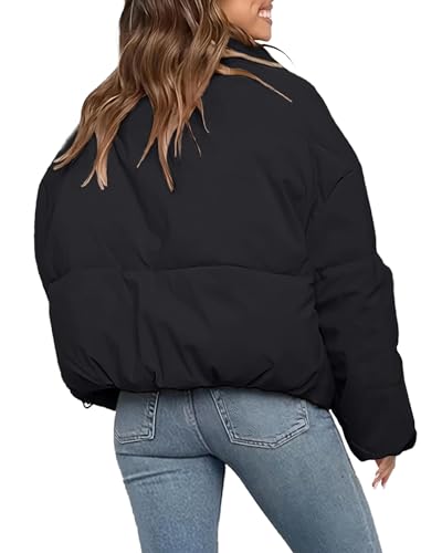 Womens Winter Cropped Puffer Jacket for Long Sleeve Oversize Puffy Coat Short Warm Quilted Jacket Black M