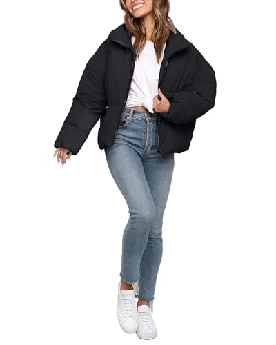 Womens Winter Cropped Puffer Jacket for Long Sleeve Oversize Puffy Coat Short Warm Quilted Jacket Black M