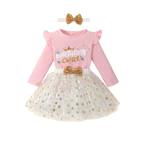 vivifayee Toddler Kids Baby Birthday Girl Outfit Ruffle Long Sleeve Birthday Princess Shirt Polka Dots Tutu Dress Cute Skirt Sets with Headband
