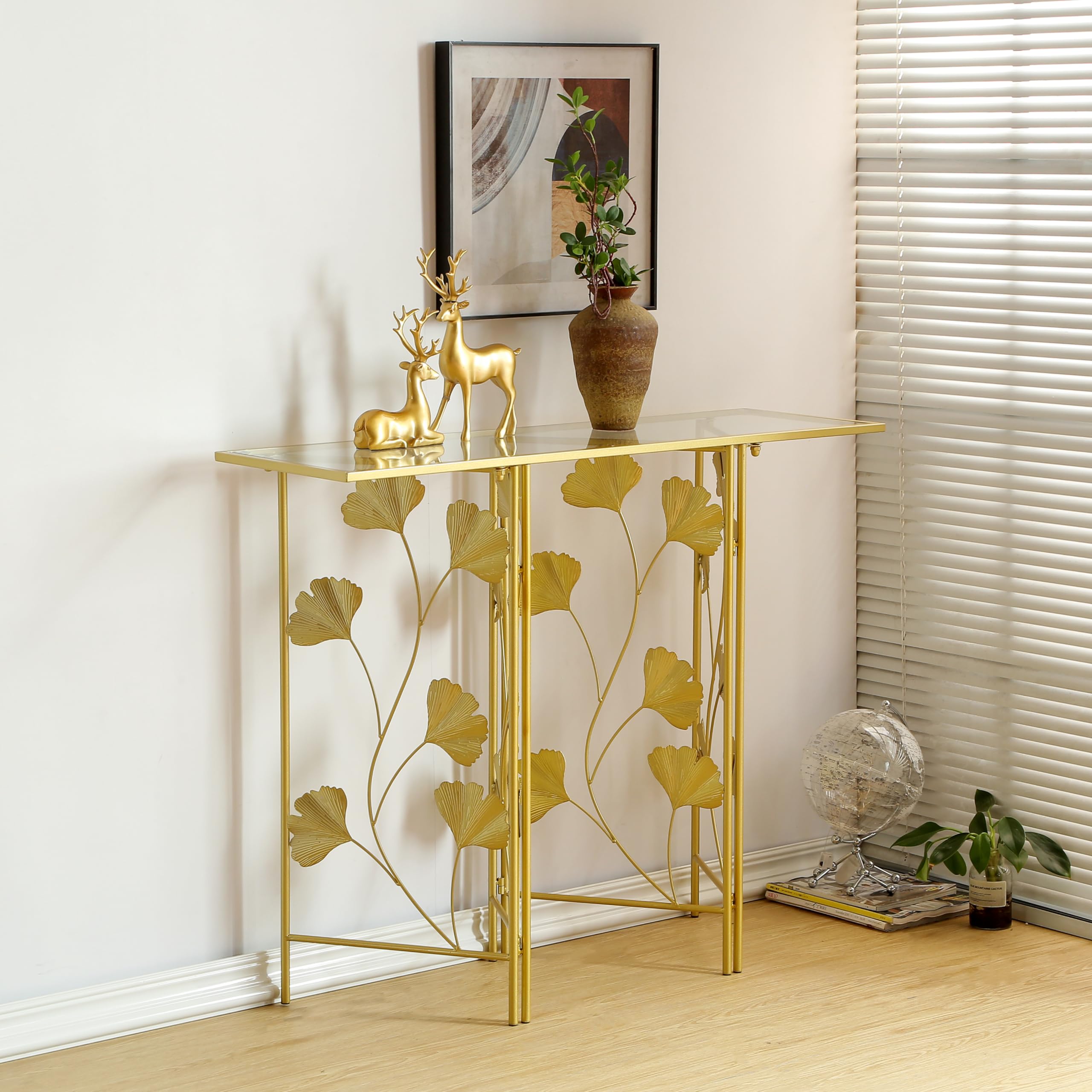40 Inch Gold Console Table, Sofa Table, Modern Entryway Table, Tempered Glass Shelf with Ginkgo Leaves Decorative for Entryway Living Room Bedroom