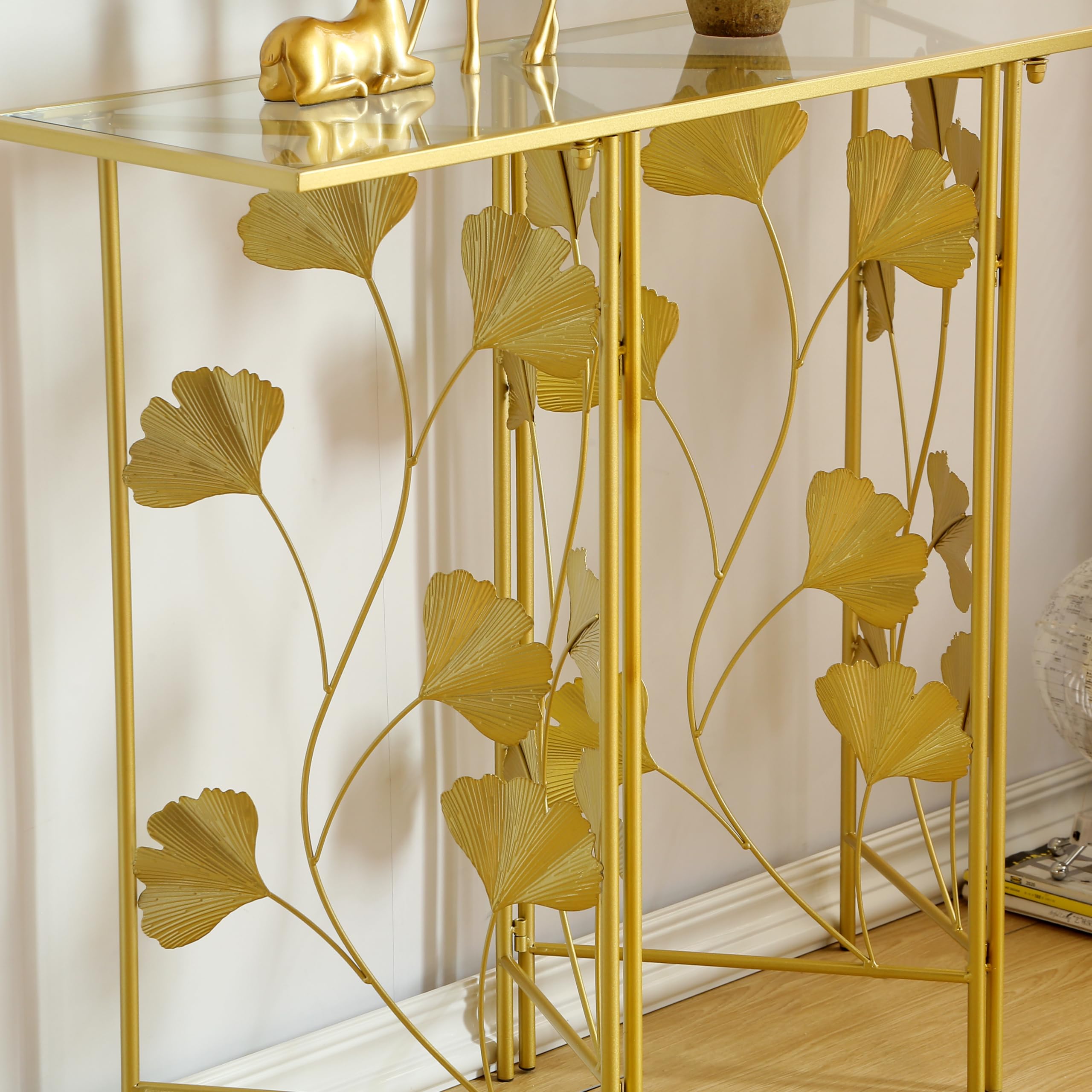 40 Inch Gold Console Table, Sofa Table, Modern Entryway Table, Tempered Glass Shelf with Ginkgo Leaves Decorative for Entryway Living Room Bedroom
