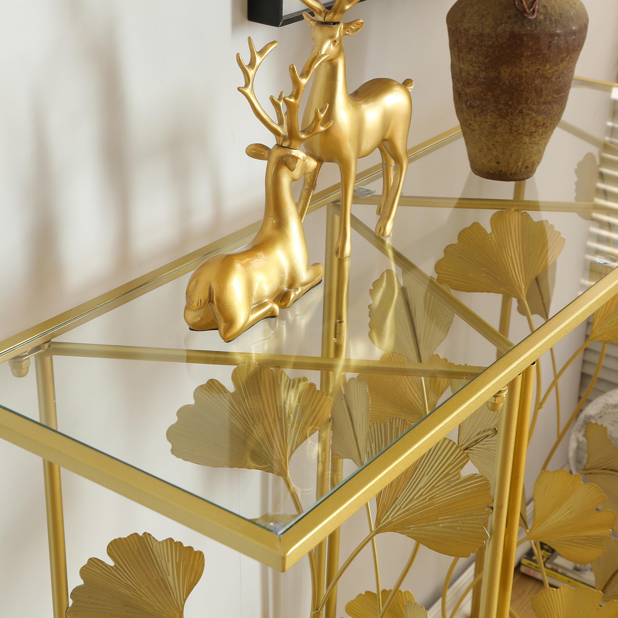 40 Inch Gold Console Table, Sofa Table, Modern Entryway Table, Tempered Glass Shelf with Ginkgo Leaves Decorative for Entryway Living Room Bedroom