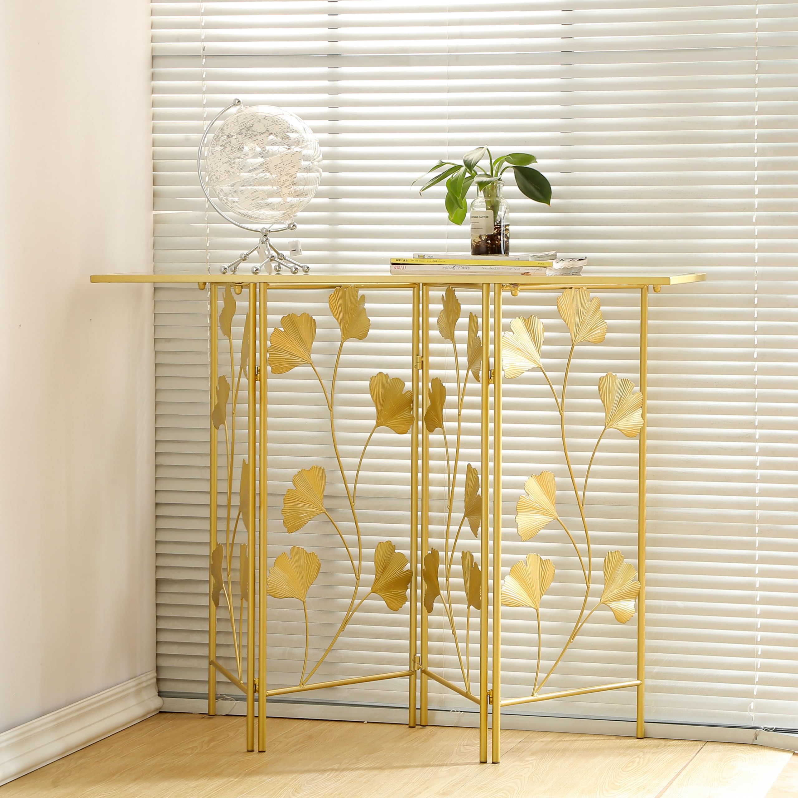 40 Inch Gold Console Table, Sofa Table, Modern Entryway Table, Tempered Glass Shelf with Ginkgo Leaves Decorative for Entryway Living Room Bedroom