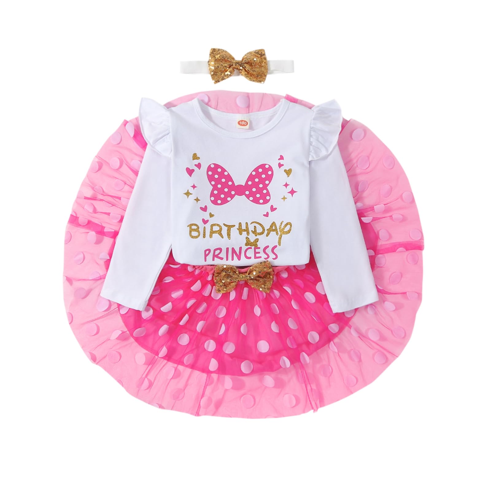vivifayee Toddler Kids Baby Birthday Girl Outfit Ruffle Long Sleeve Mouse Ears Birthday Shirt Polka Dots Tutu Dress Cute Skirt Sets with Headband