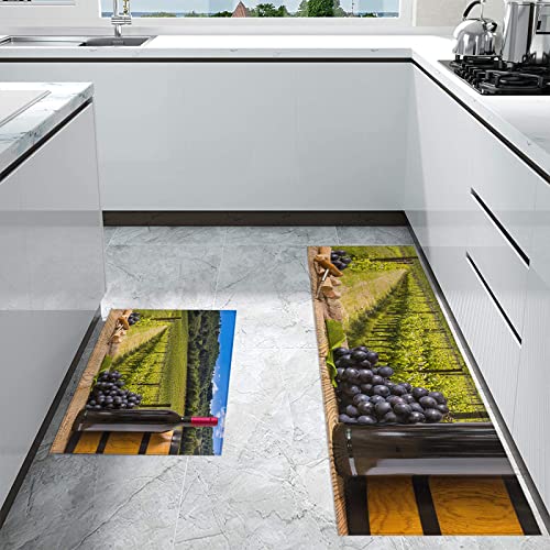 Miaklek Red Wine Kitchen Mats for Floor Anti Fatigue Mats for Kitchen Floor Kitchen Rugs Cushioned Mats Non Slip Comfort Standing Kitchen Rugs Set of 2, Grassland Sky Wine Cask