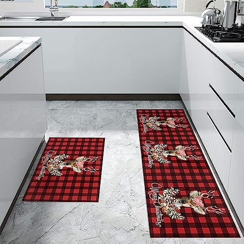 Miaklek Merry Christmas Kitchen Mats for Floor Anti Fatigue Mats for Kitchen Floor Kitchen Rugs Cushioned Mats Non Slip Comfort Standing Kitchen Rugs Set of 2, Xmas Elk Holiday Red Black Check