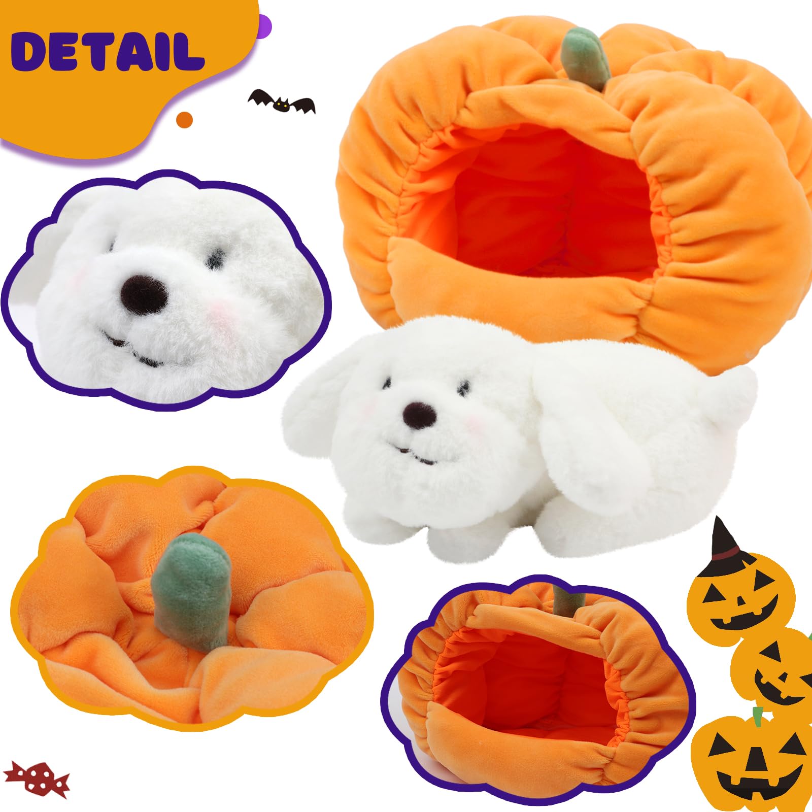Hopearl Halloween Puppy Pumpkin Cave Sufffed Animal 2 in 1 Playset Pet with Pumpkin House Plush Toy Pillow with Separable Dog Gift for Kids, 9.5''