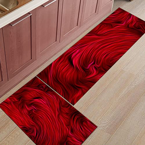 Abstract Art Kitchen Mats 2 PCS Anti-Fatigue Kitchen Rugs, Non Slip Kitchen Rugs and Mats Cushioned Standing Desk Mat Floor Mats for Home,Sink,Office,Kitchen, Red Liquid Artistic Texture