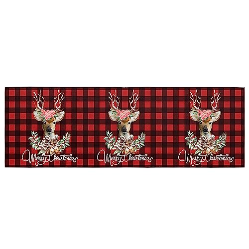 Miaklek Merry Christmas Kitchen Mats for Floor Anti Fatigue Mats for Kitchen Floor Kitchen Rugs Cushioned Mats Non Slip Comfort Standing Kitchen Rugs Set of 2, Xmas Elk Holiday Red Black Check