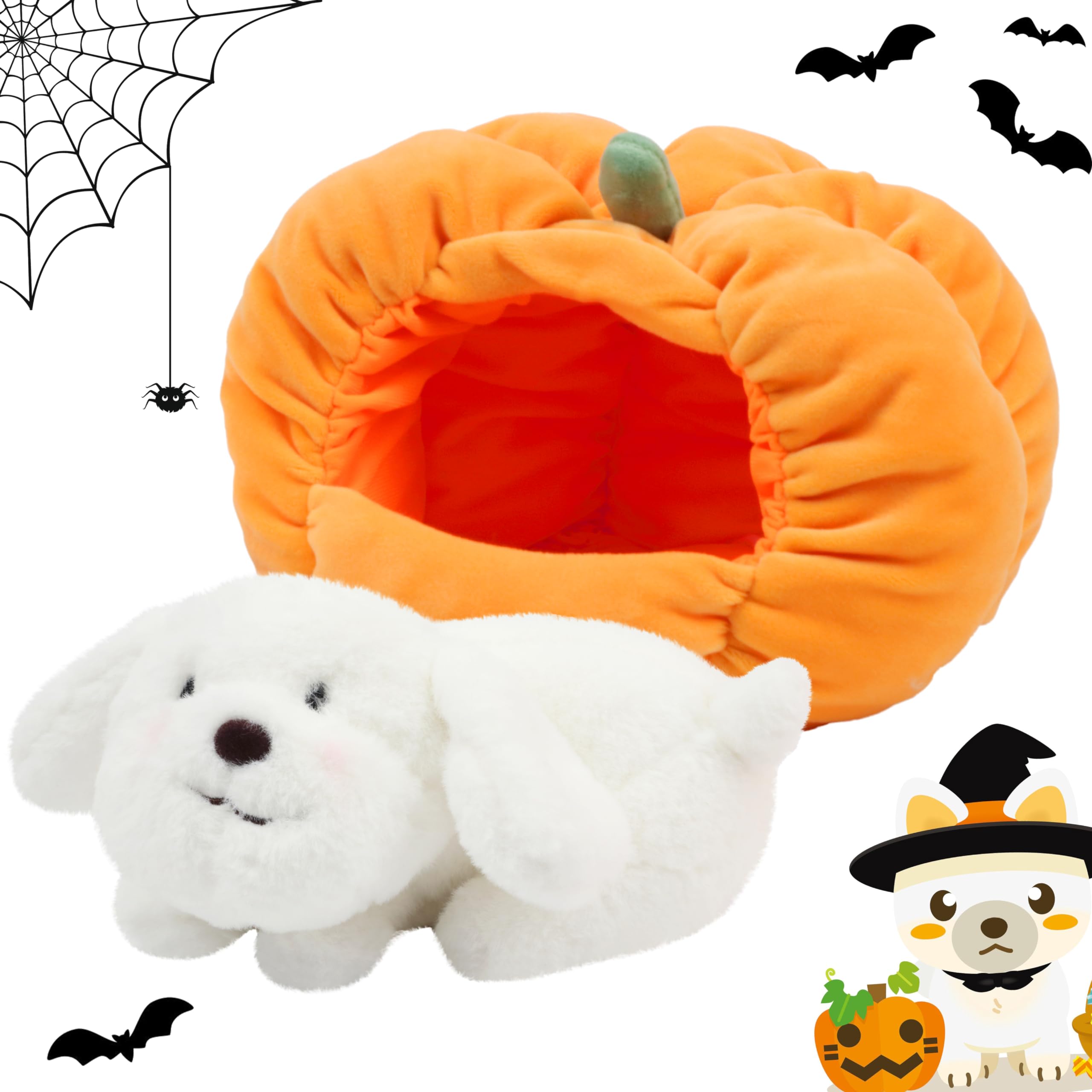 Hopearl Halloween Puppy Pumpkin Cave Sufffed Animal 2 in 1 Playset Pet with Pumpkin House Plush Toy Pillow with Separable Dog Gift for Kids, 9.5''